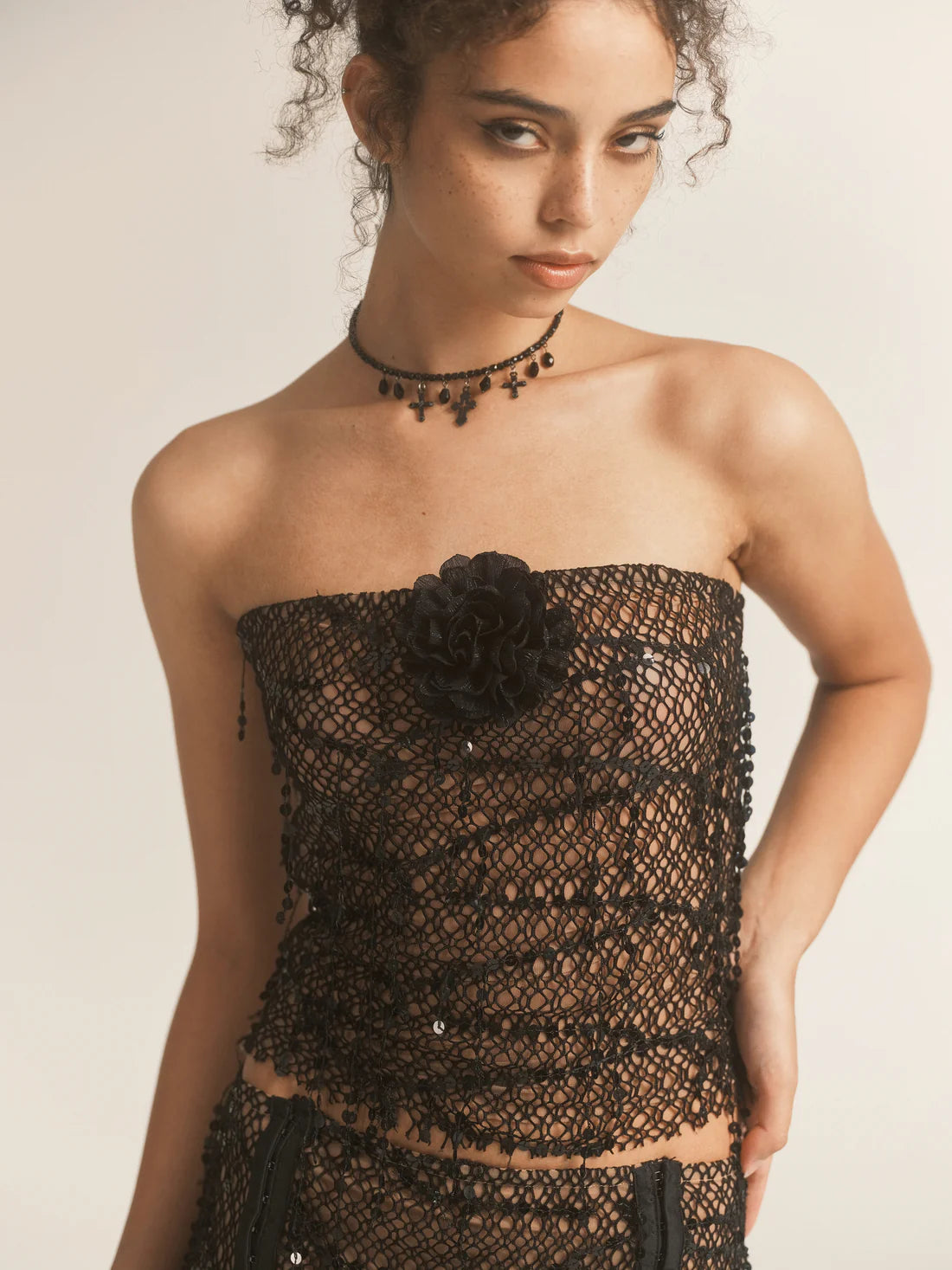 Black Sequin Fishnet Lace Up Tube Top – REBORNE